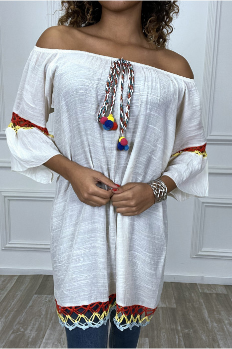 Robe tunique de plage beige col bateau avec lacet et dentelle coloré