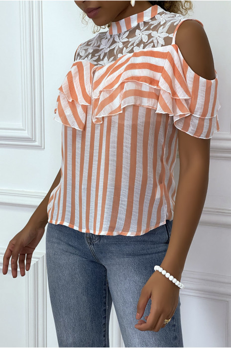 Blouse à rayure orange à volants et col haut