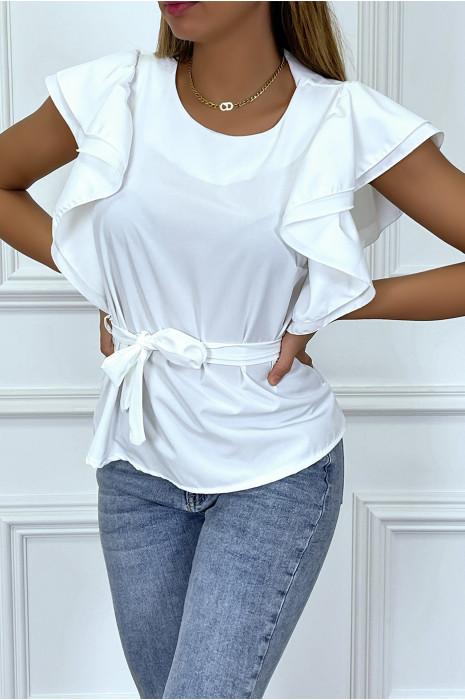 White blouse with ruffle sleeves and belt