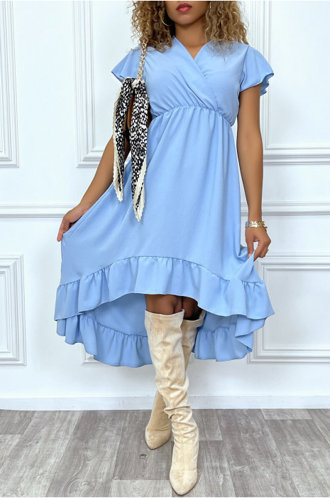 Longue robe turquoise court devant et long derrière avec volant et ...