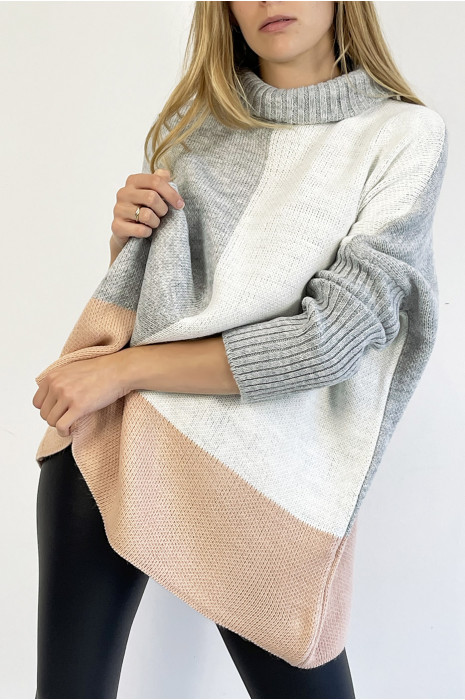 Pull long ample col roulé tricolore gris blanc et rose poudrée ...