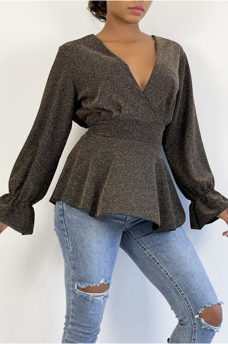 Ruffled gold glitter wrap blouse