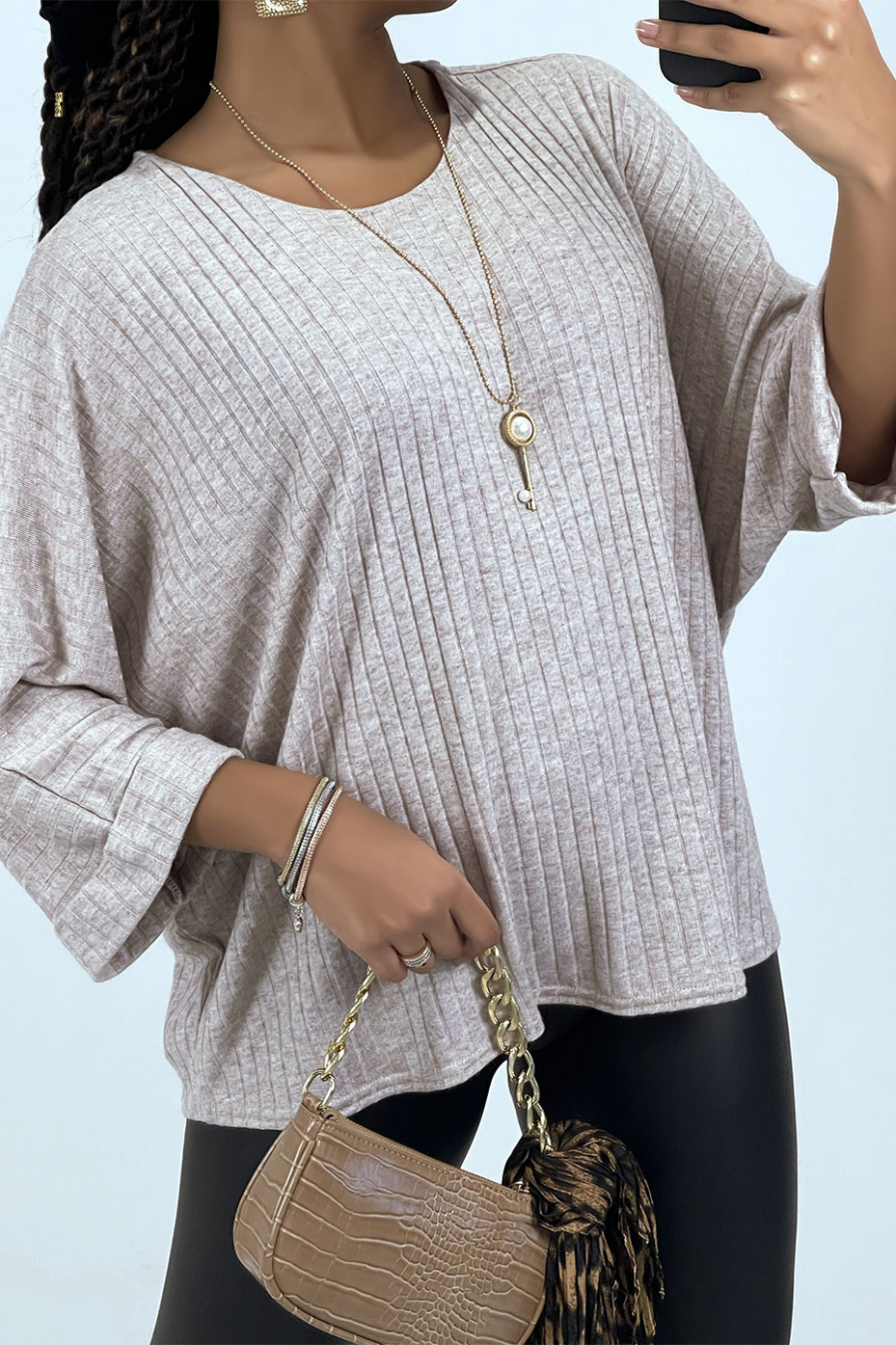 Oversized taupe batwing top