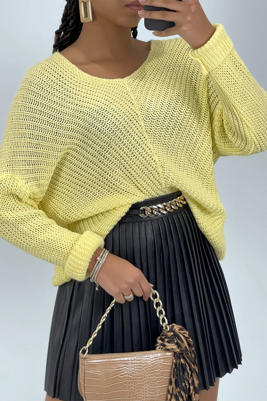 Yellow knit V-neck sweater