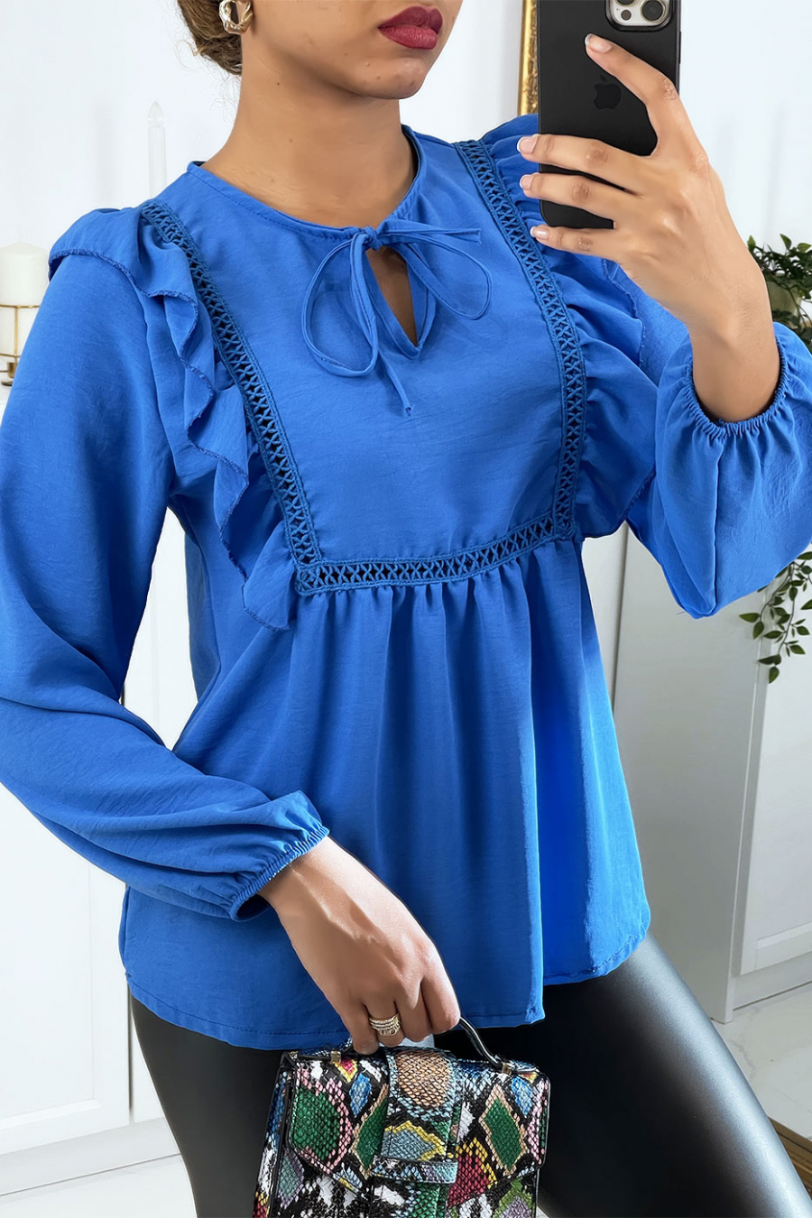 Royal blue round neck blouse with ruffles