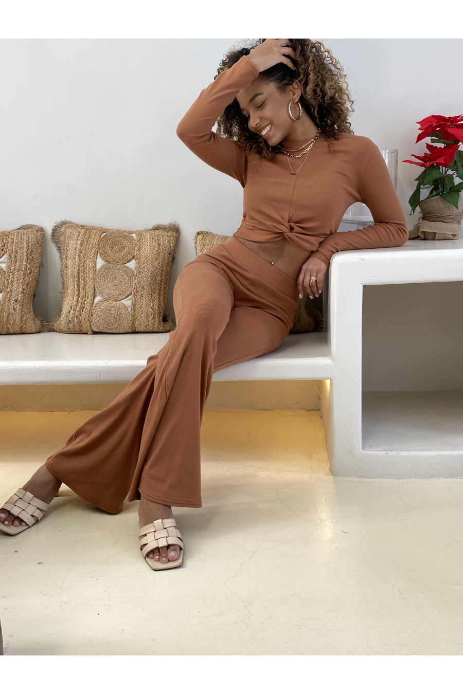 Camel ribbed flared pants and crop top set