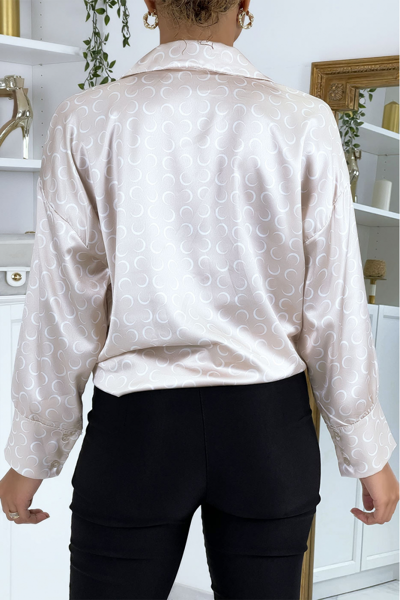 Beige satin shirt with moon print