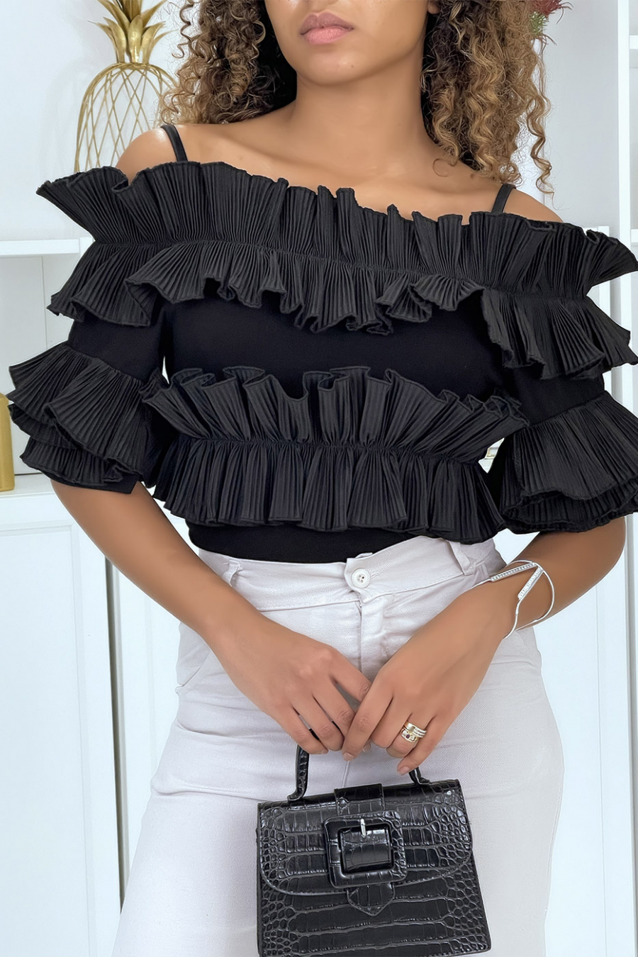 Black ruffled boat neck top