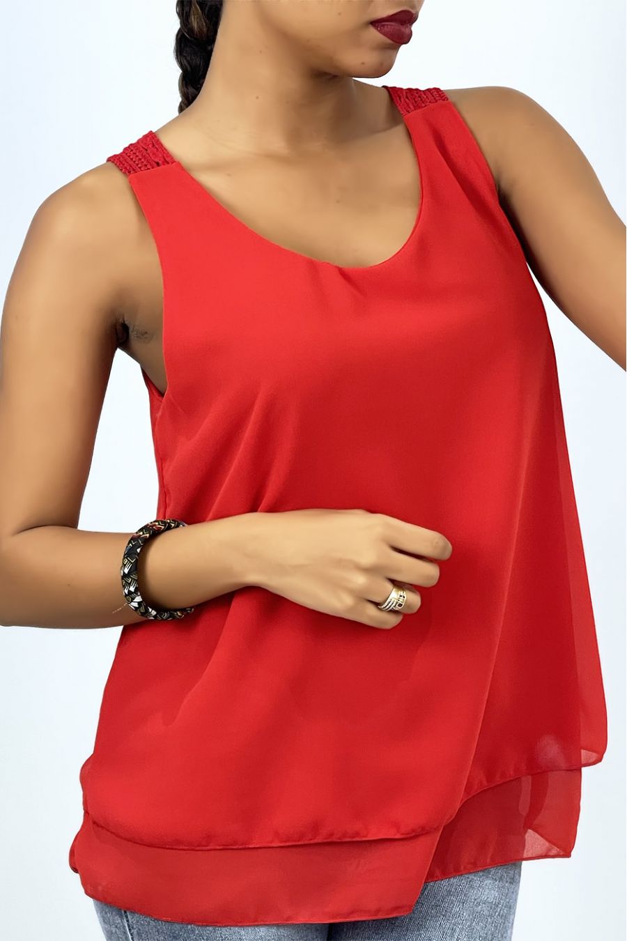 Long red tank top with lace details on the back