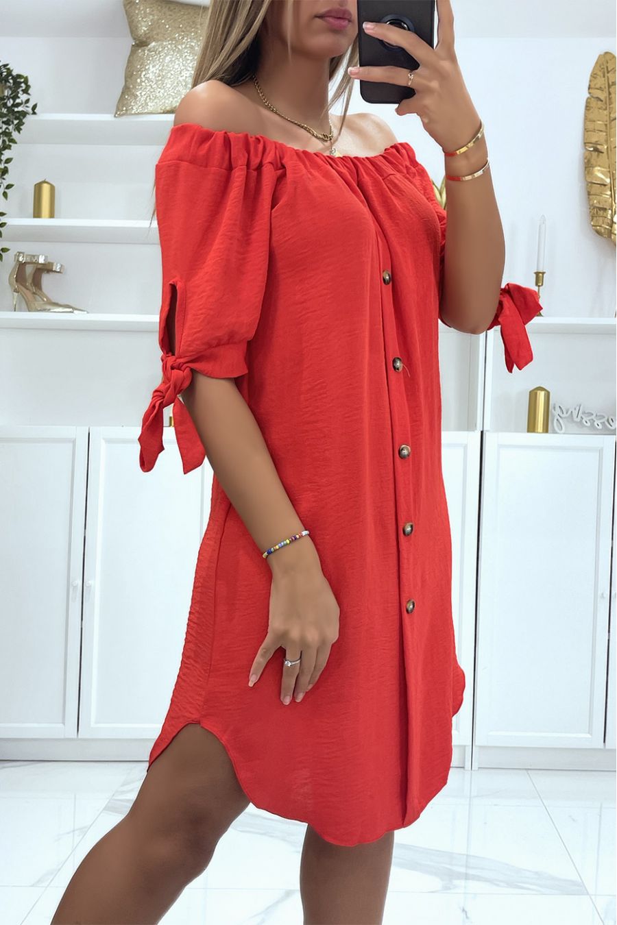 Long red tunic with bardot collar and pretty bows on the half sleeves
