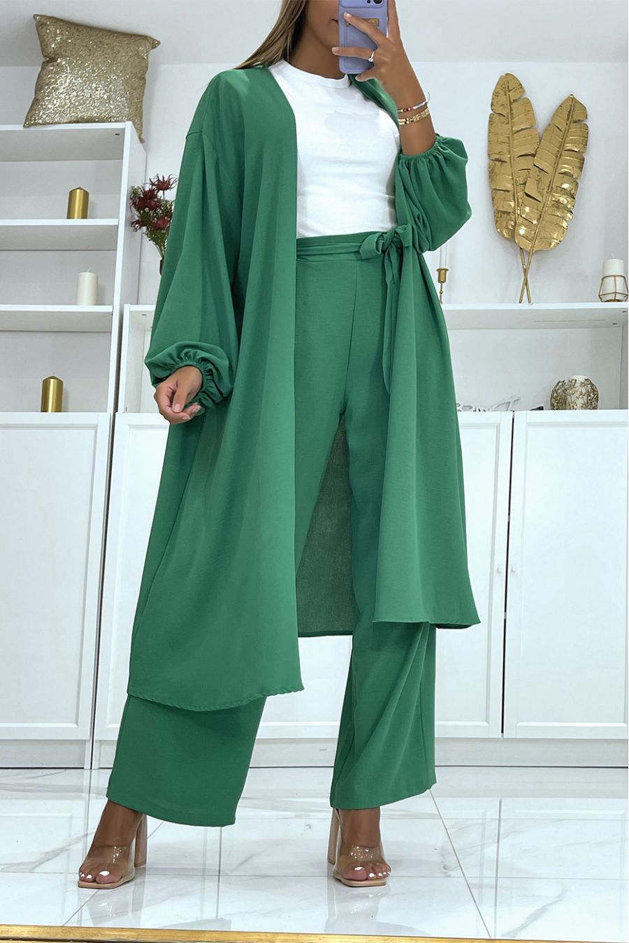 Ensemble vert pantalon palazzo longue gilet oversize et pantalon élastique à la taille