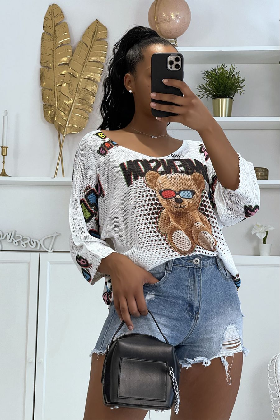 Loose white mesh top with half-length sleeves and luxury-inspired teddy ...