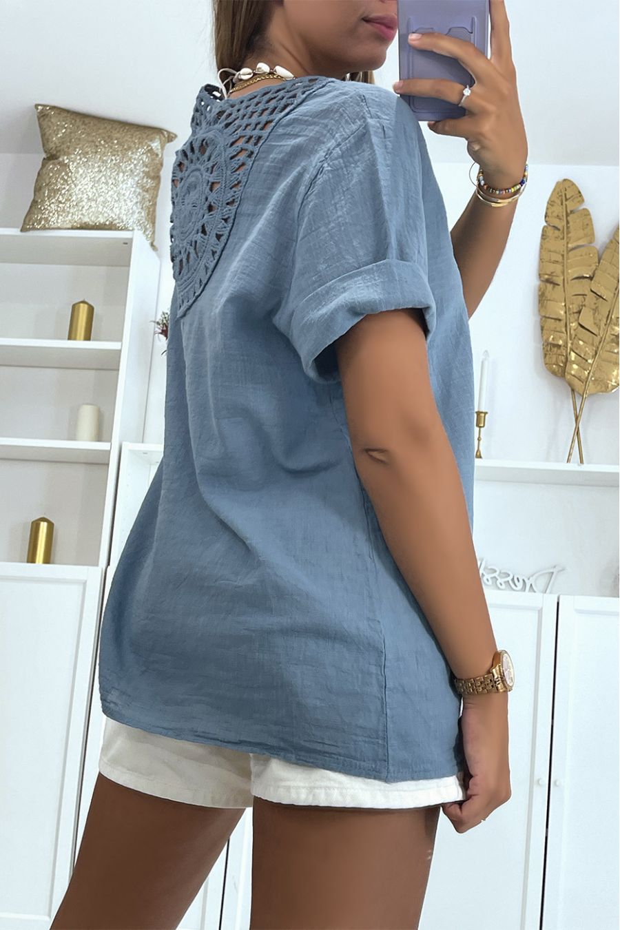 Loose indigo cotton top with gorgeous lace back and round neck