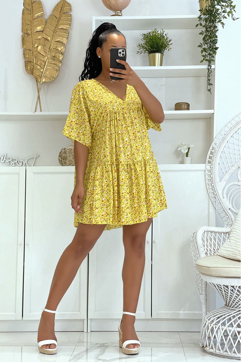 Floral Yellow Tunic with Mid-Length Sleeve Floral Print and Glamorous V ...