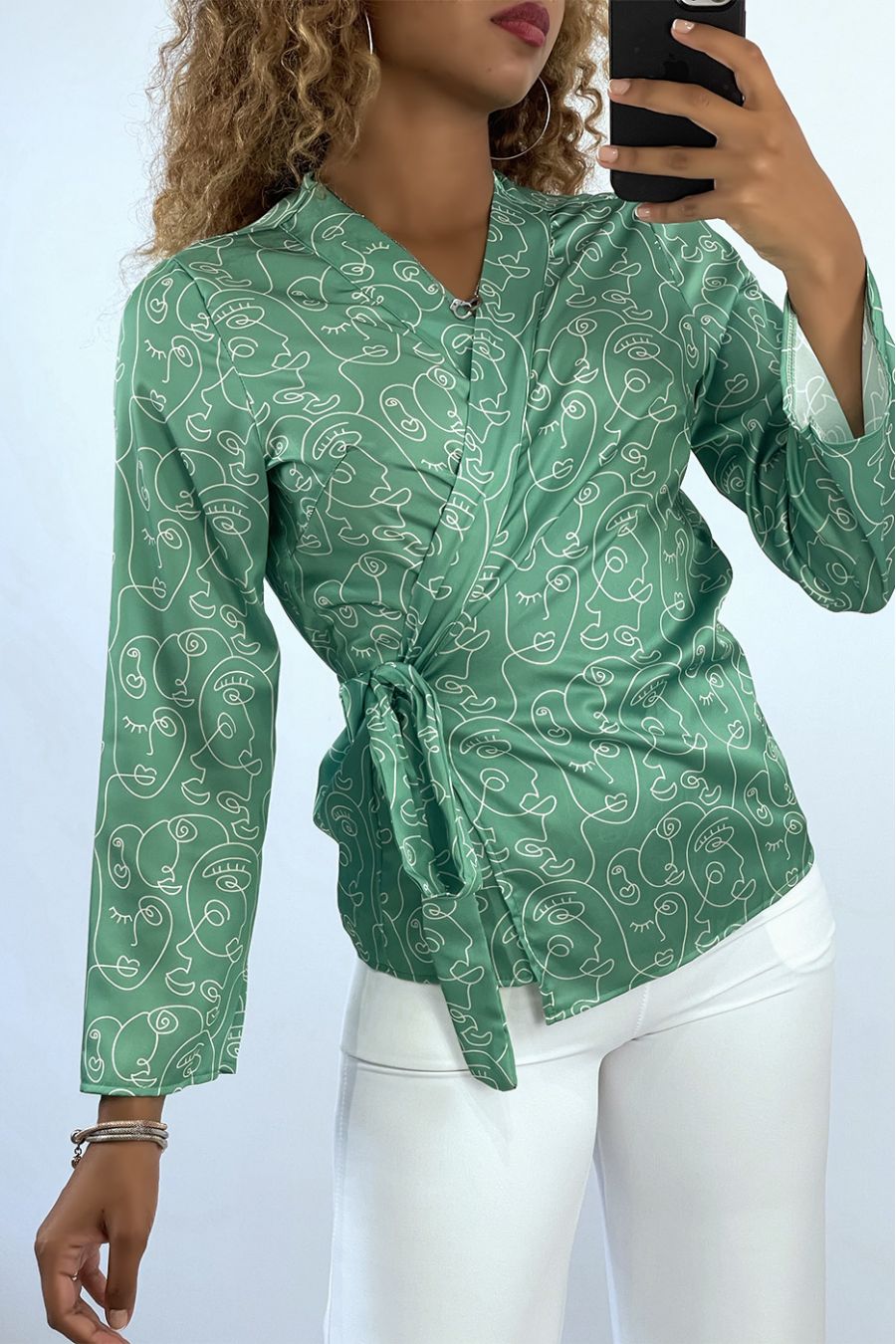 Sea green wrap-over shirt with art pattern
