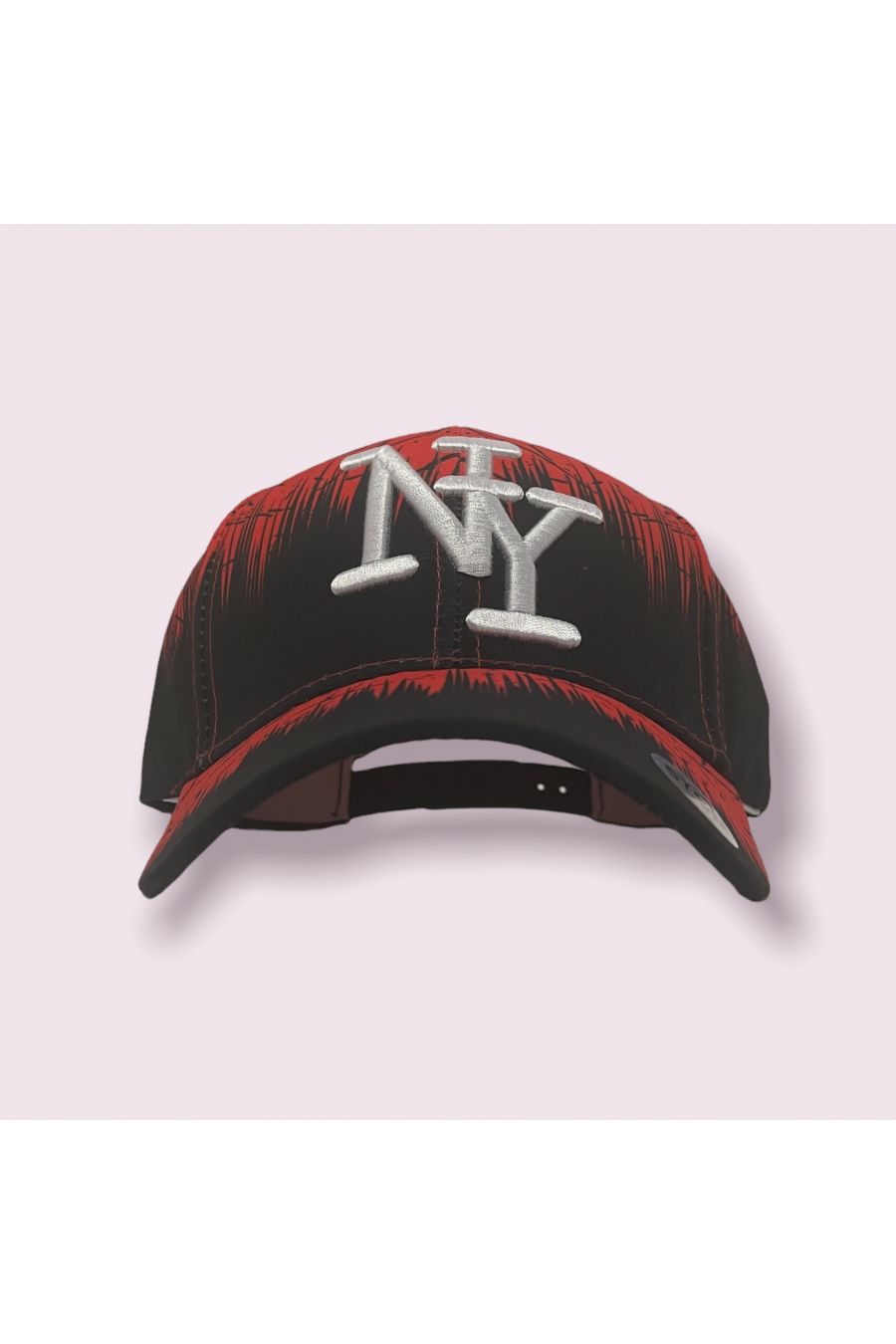 Black and red New York cap with small spots of hyper original paint