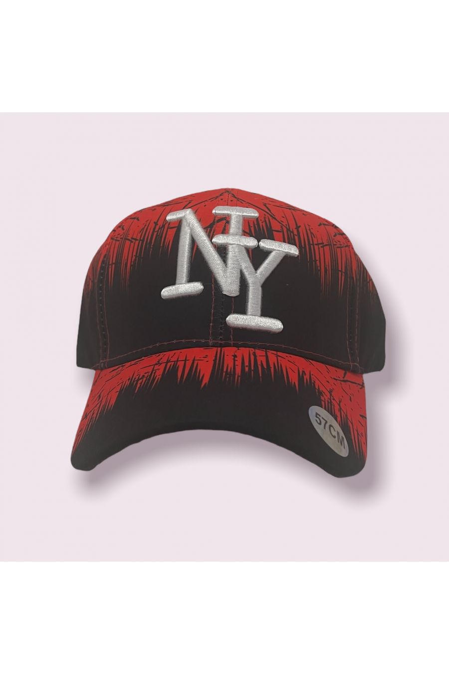 Black and red New York cap with small spots of hyper original paint