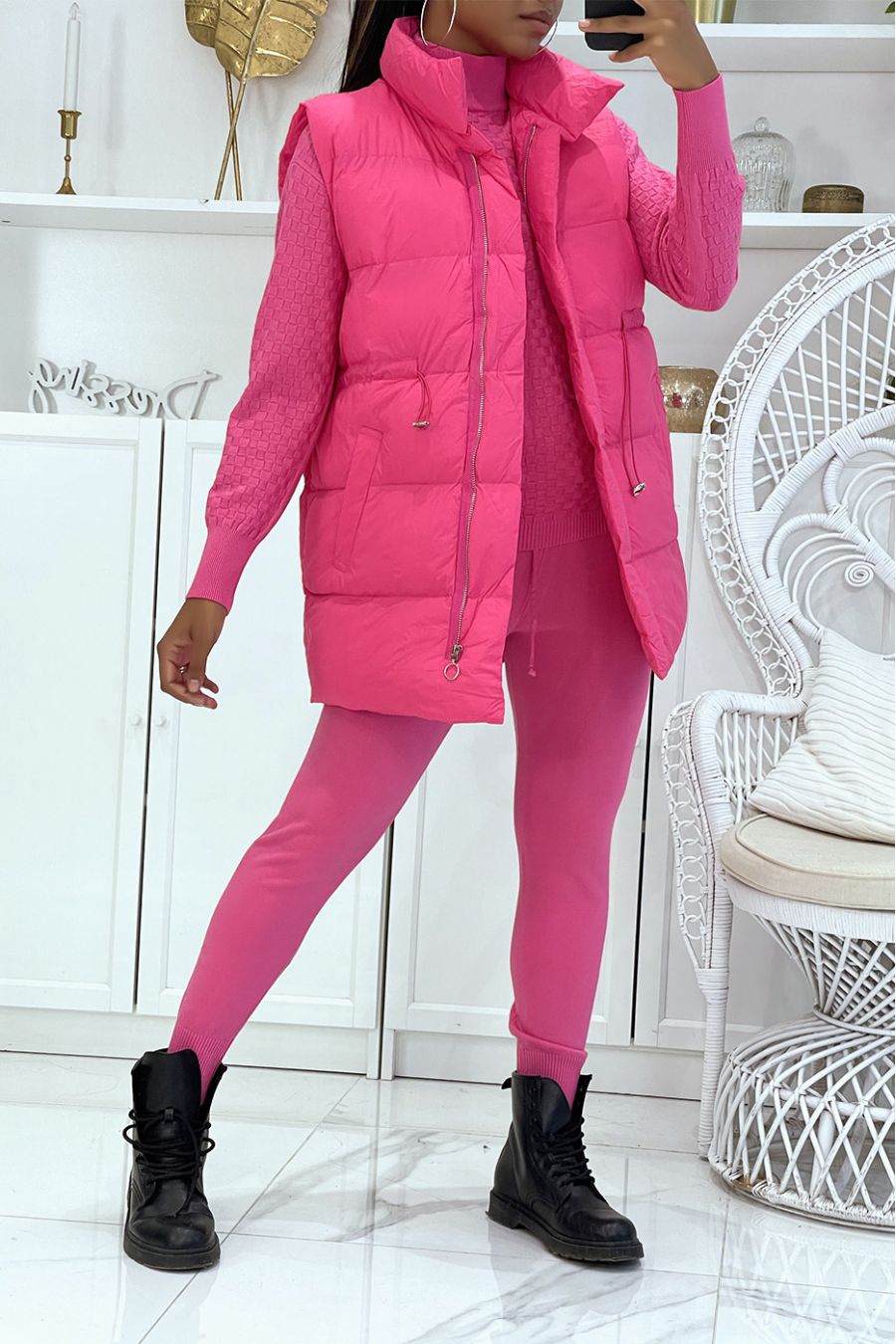 3-piece winter fuchsia down jacket and ribbed jogging setCasual chic ...