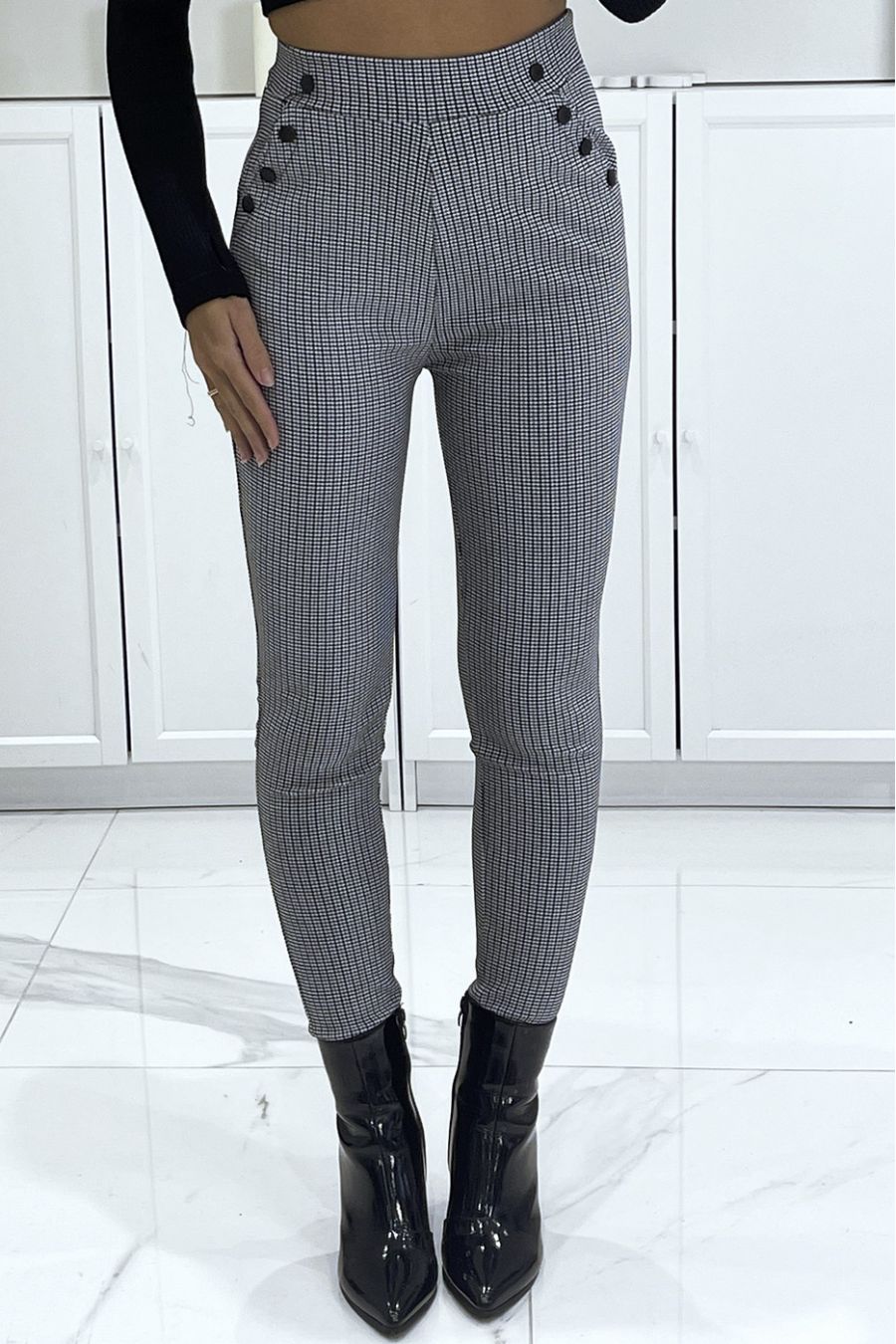 Black stretch cigarette pants with houndstooth pattern, high waist