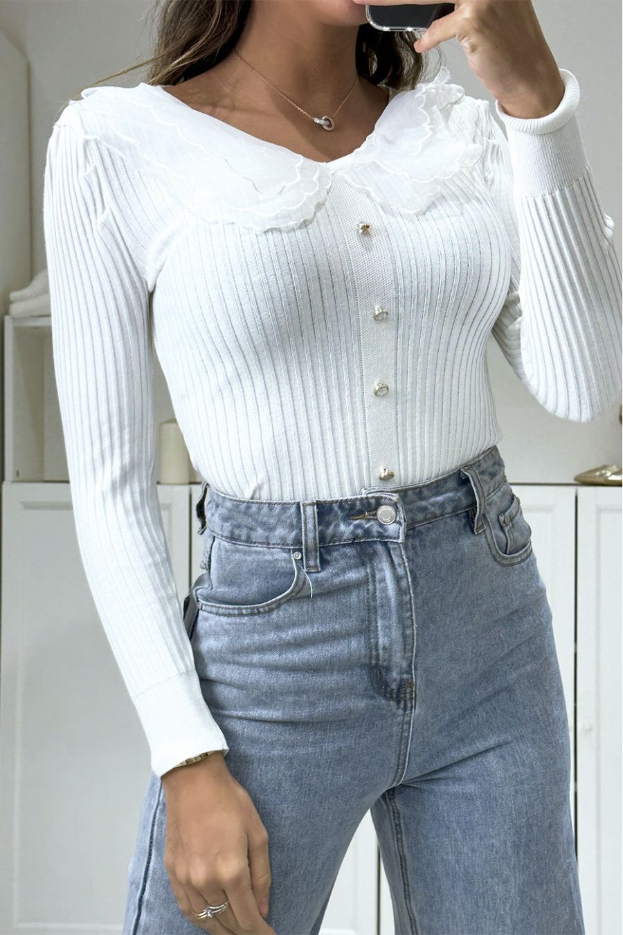 White ribbed top with peter pan collar and gold buttons