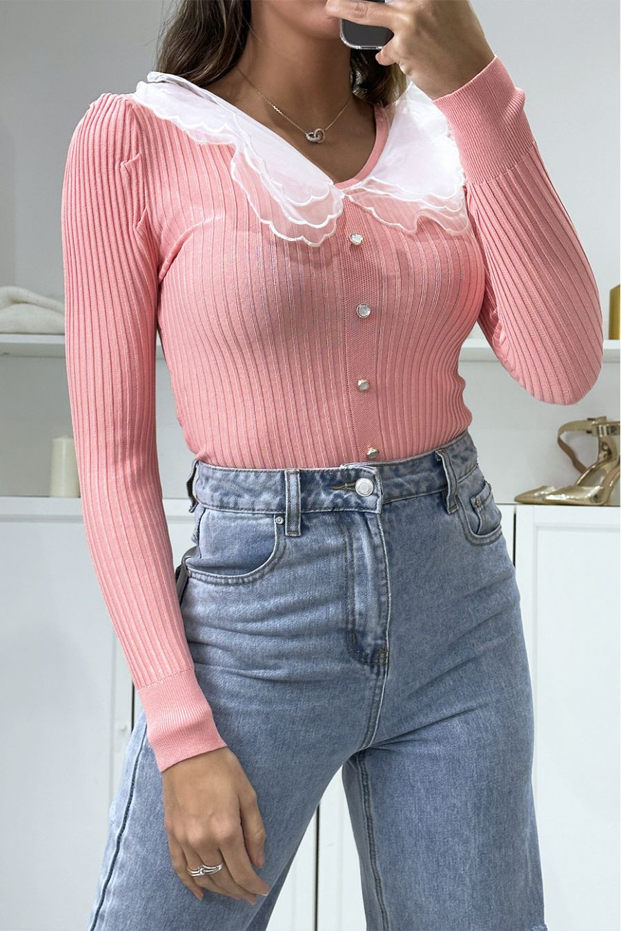 Pink ribbed top with peter pan collar and gold buttons