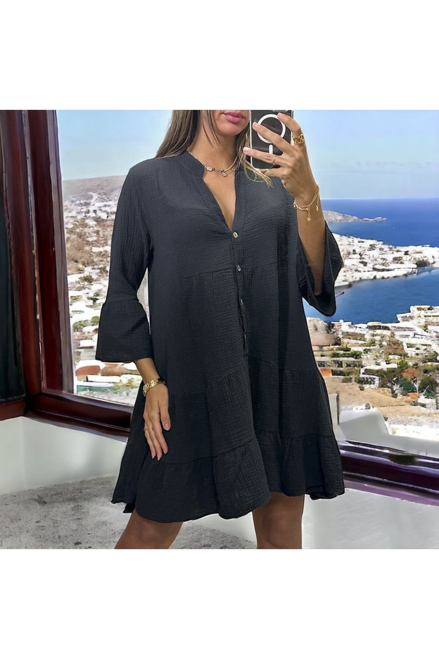 Robe tunique noire à volant en gaz de coton