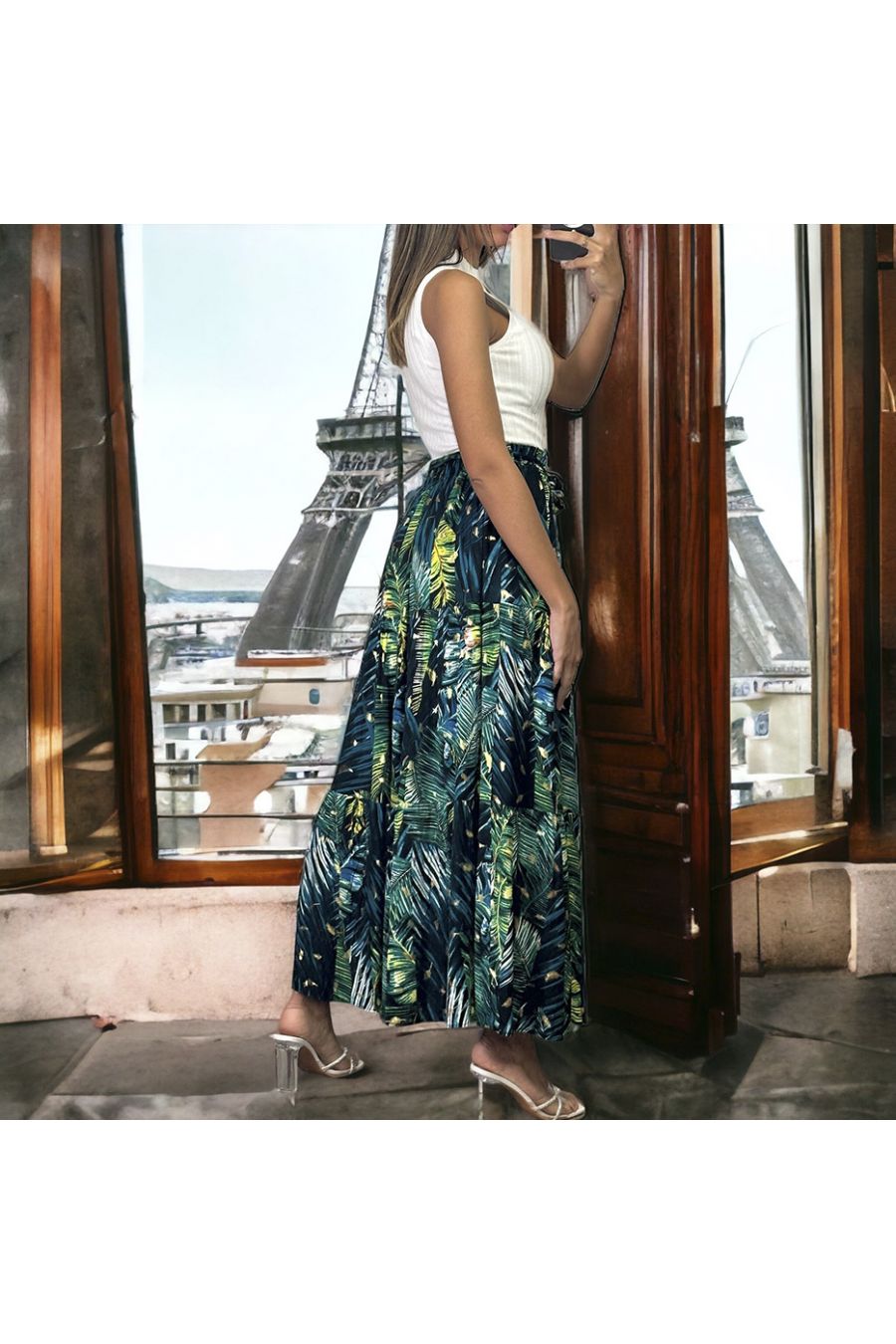 Lange groene rok met subliem bladerpatroon