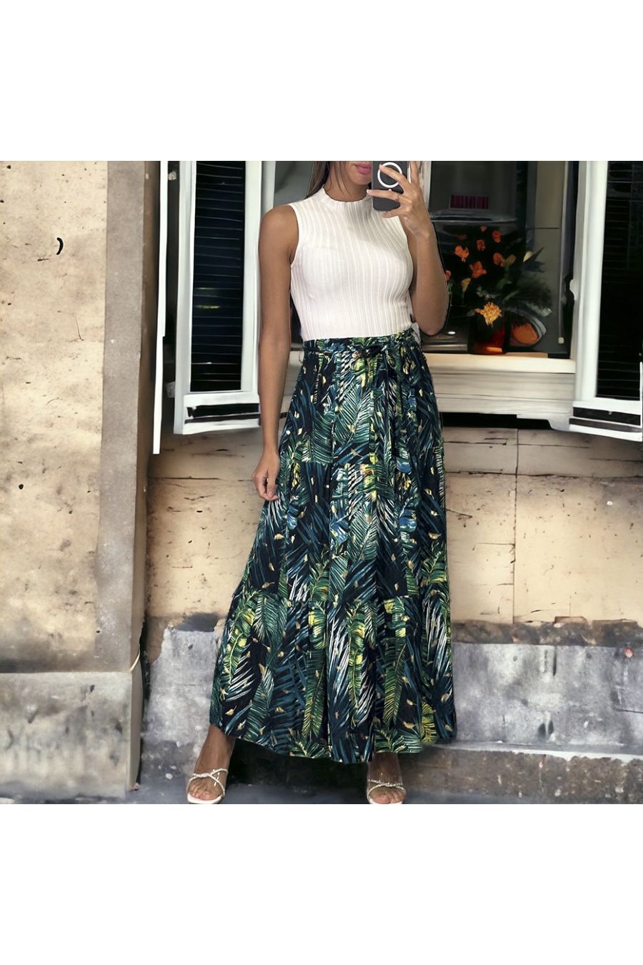 Lange groene rok met subliem bladerpatroon